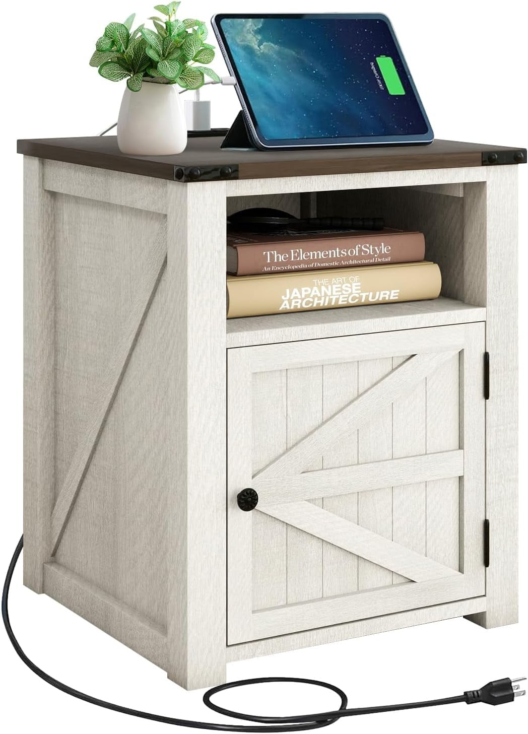 End Table with Charging Station 18'' Rustic Wood Nightstand with Barn ...