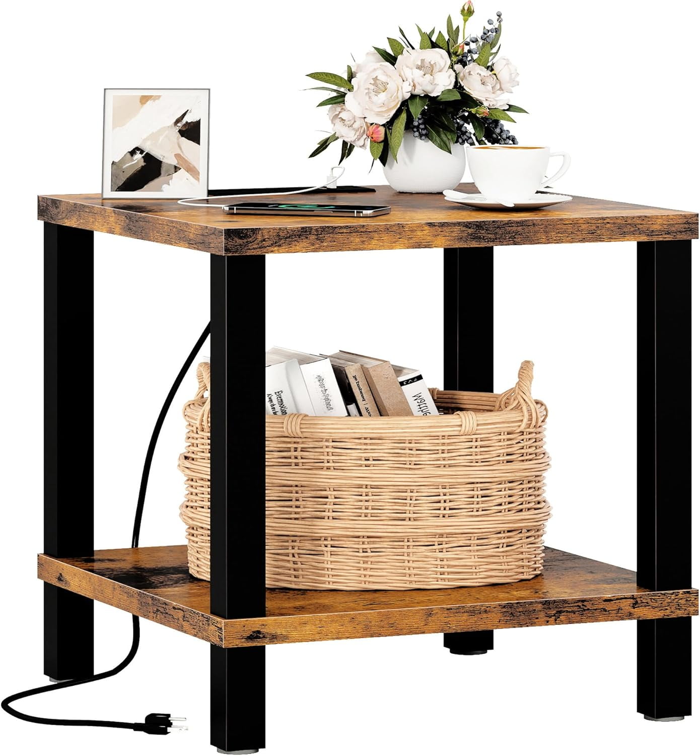 End Table with Charging Station, 20 Inch Square Side Table with USB ...