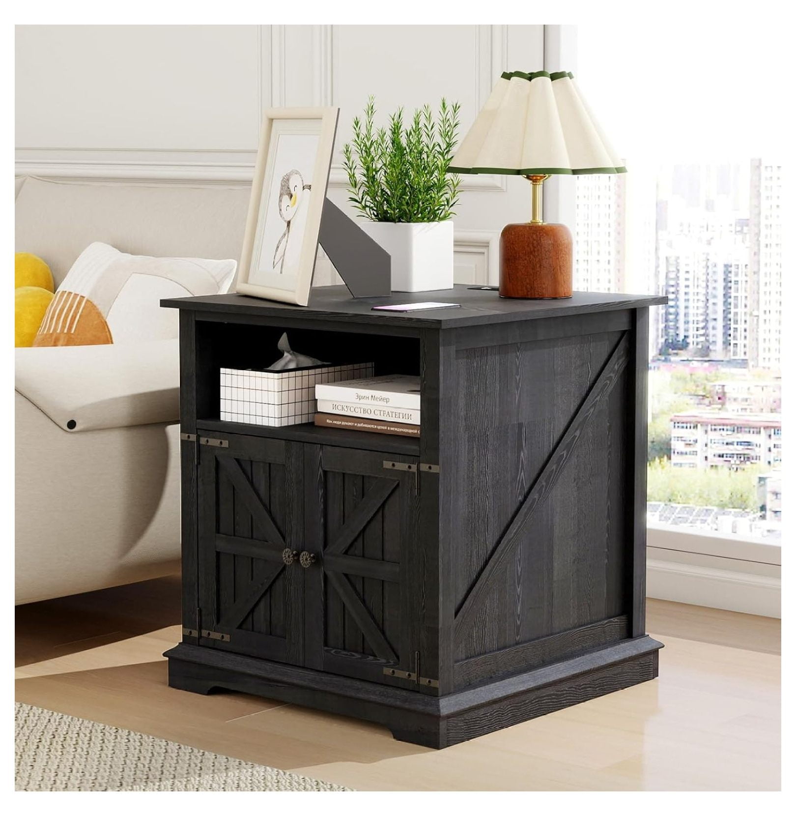 End Table with Charging Station 24" Farmhouse Large Sofa Side Table ...