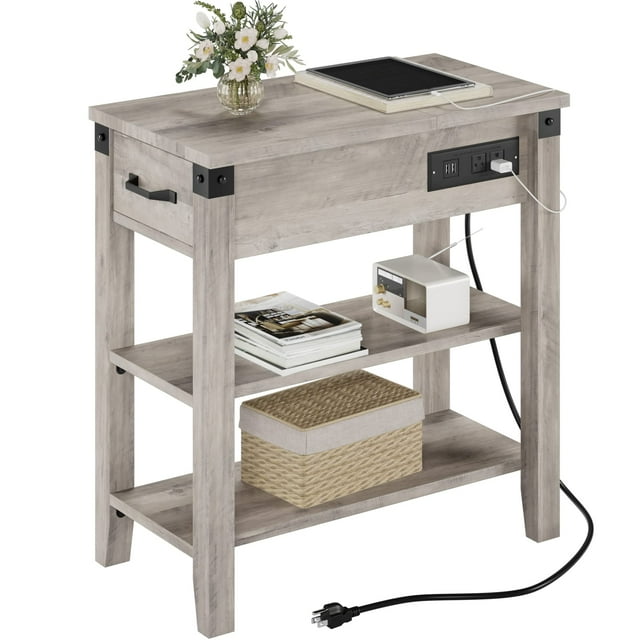 End Table with Charging Station, 3-Tier Narrow Side Table with Drawer ...