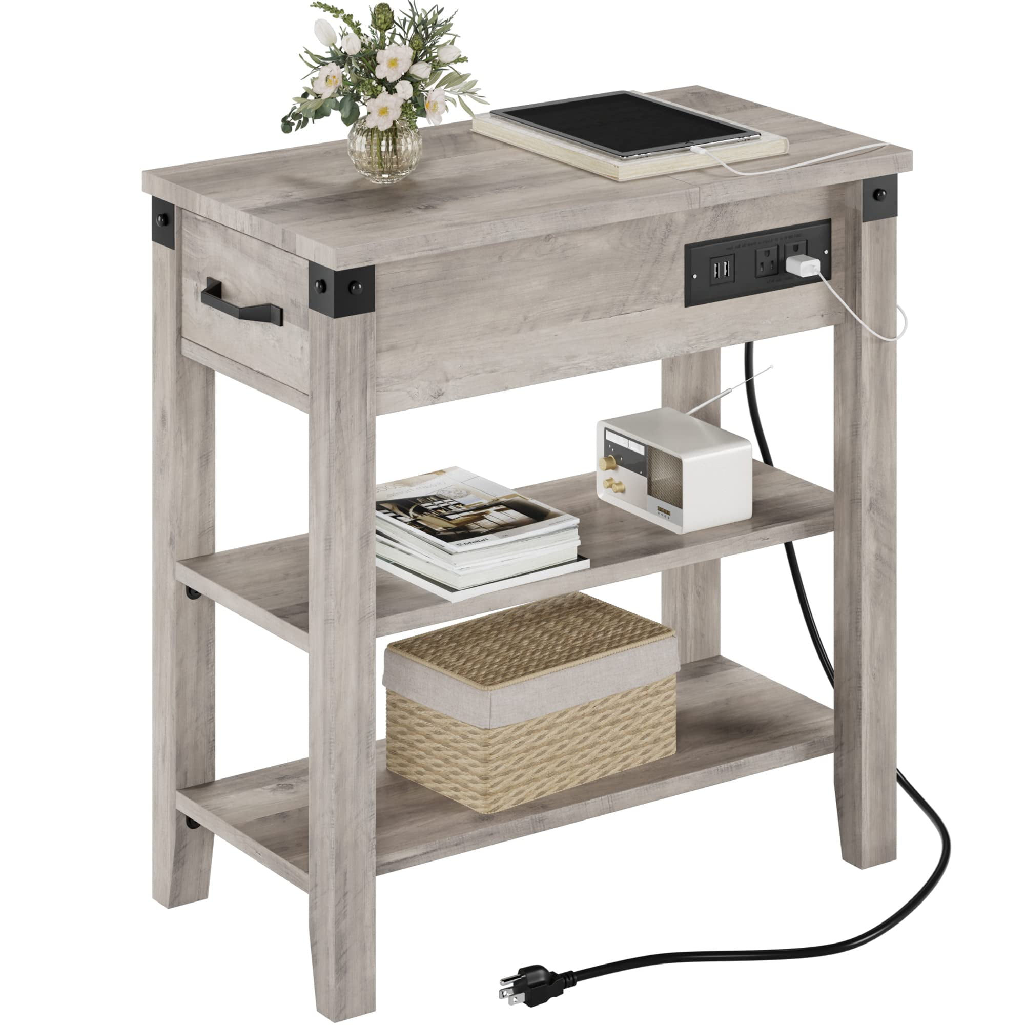 End Table with Charging Station, 3-Tier Narrow Side Table with Drawer ...