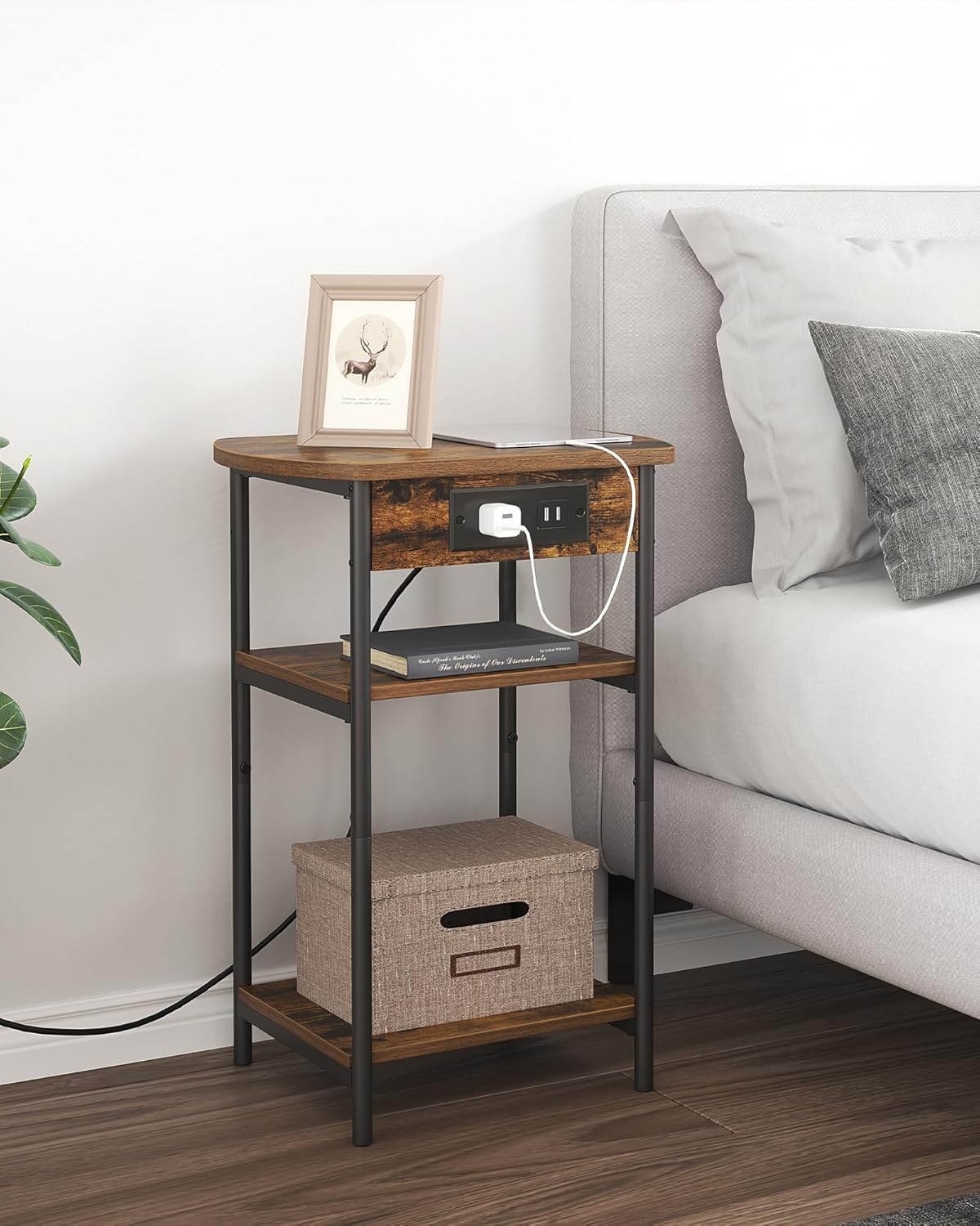 End Table with Charging Station, 3 Tier Storage Bed Side Table with USB ...