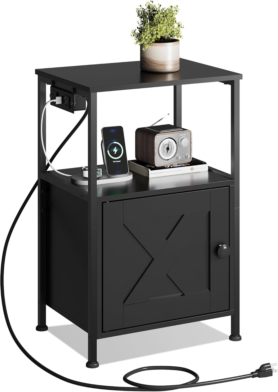 End Table with Charging Station, Bed Side Table with Open Shelf and ...