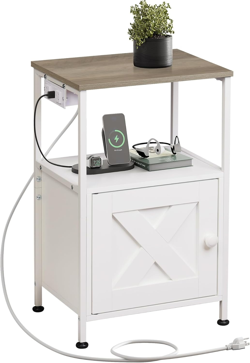 End Table with Charging Station, Bed Side Table with Open Shelf and ...