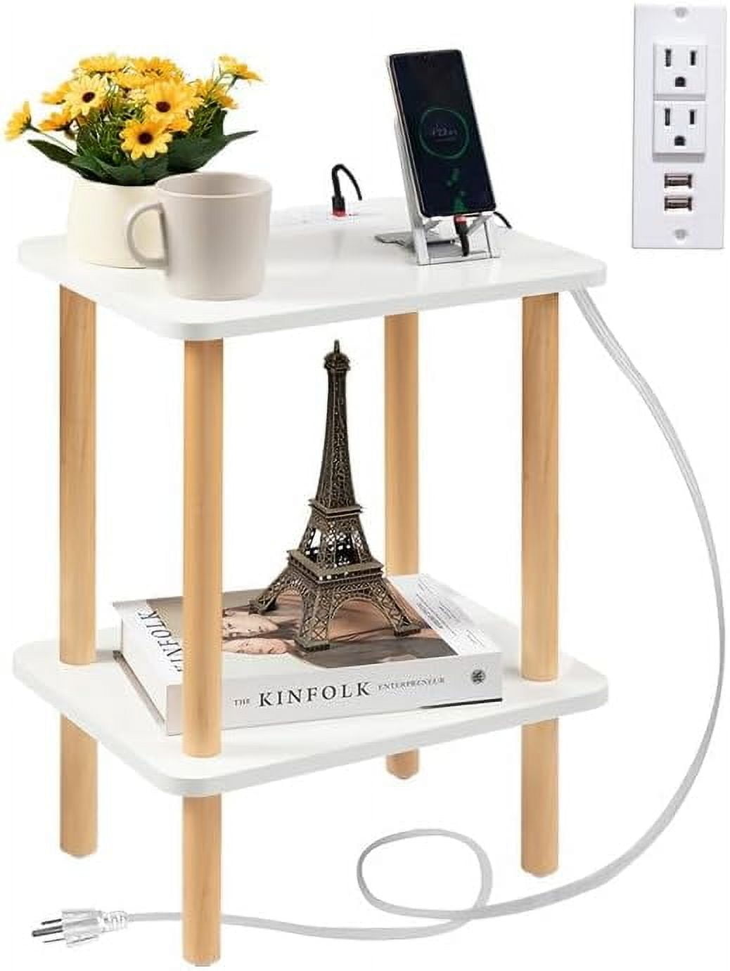 End Table with Charging Station, Black Side Table with USB Ports and ...