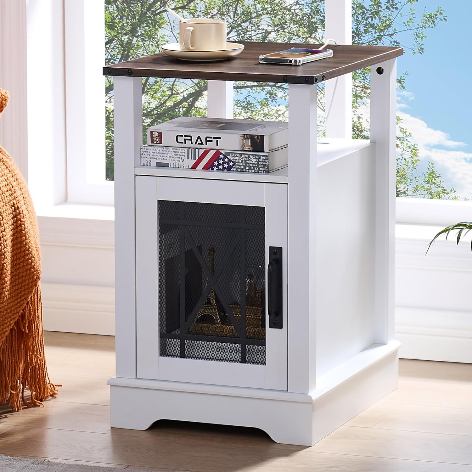 End Table with Charging Station Farmhouse Night Stand for Living Room ...