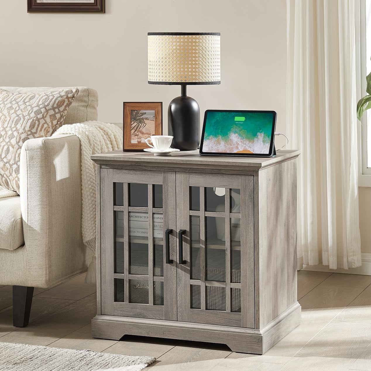 End Table with Charging Station, Farmhouse Nightstand with Glass Door ...