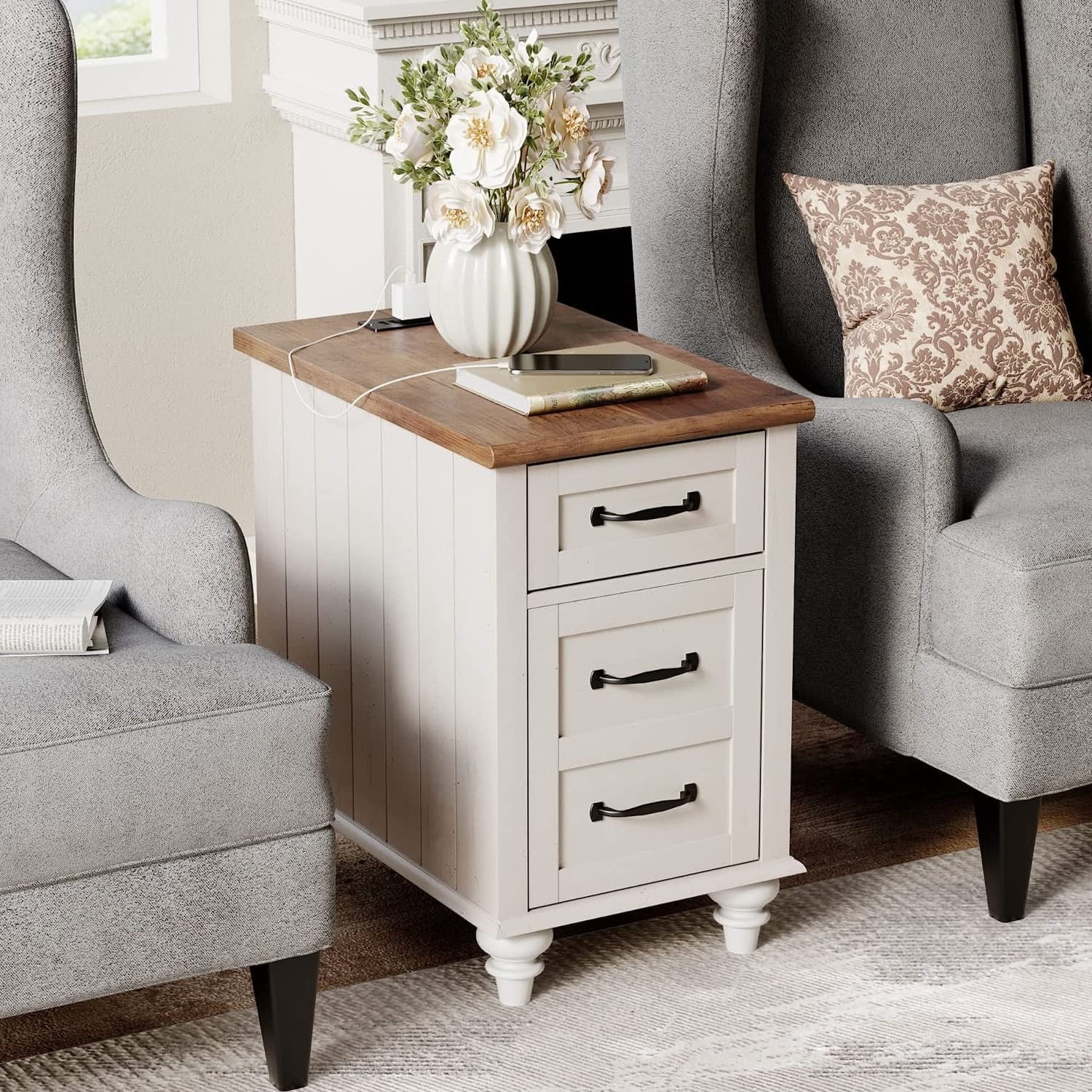End Table with Charging Station,Farmhouse Side Table with Storage ...
