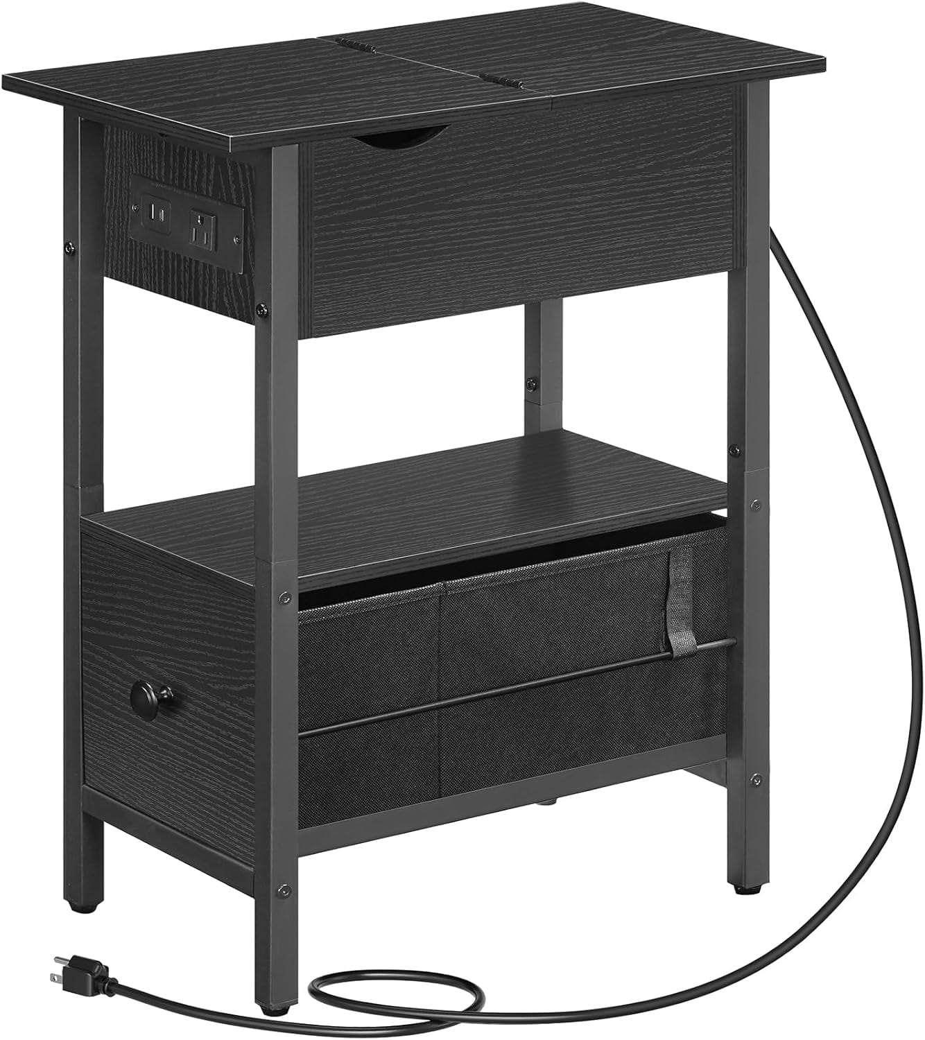 End Table with Charging Station, Flip Top Narrow Side Table with Storage Drawer, Slim Nightstand ...