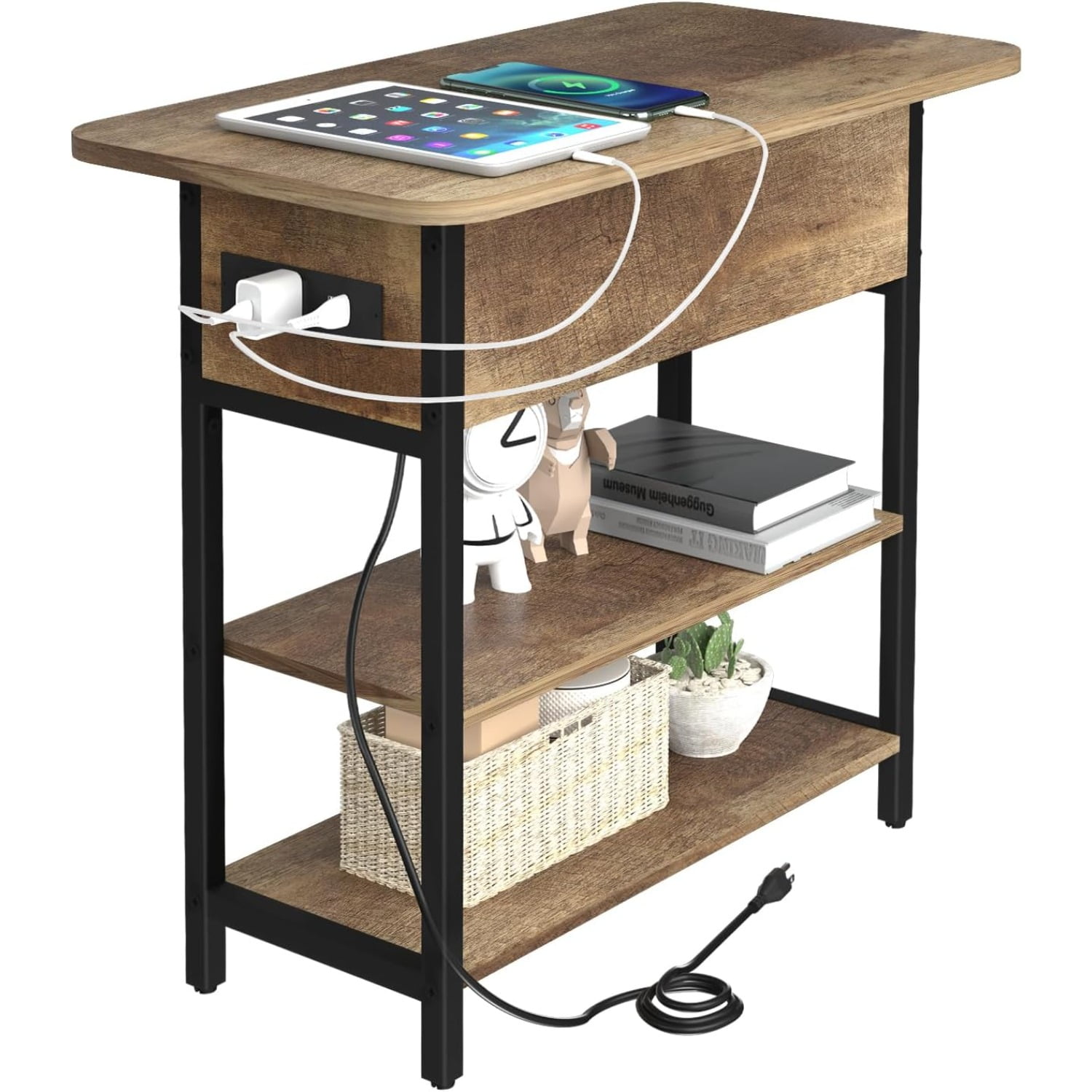 End Table with Charging Station, Flip Top Side Table with USB Ports and ...