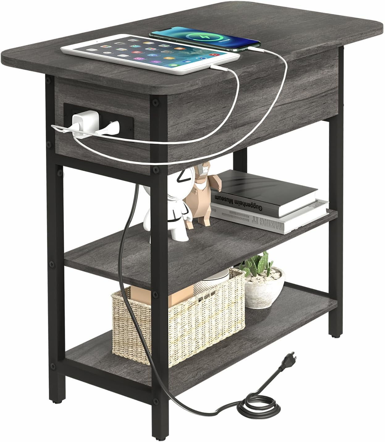 End Table with Charging Station, Flip Top Side Table with USB Ports and Outlets, Sofa Couch ...