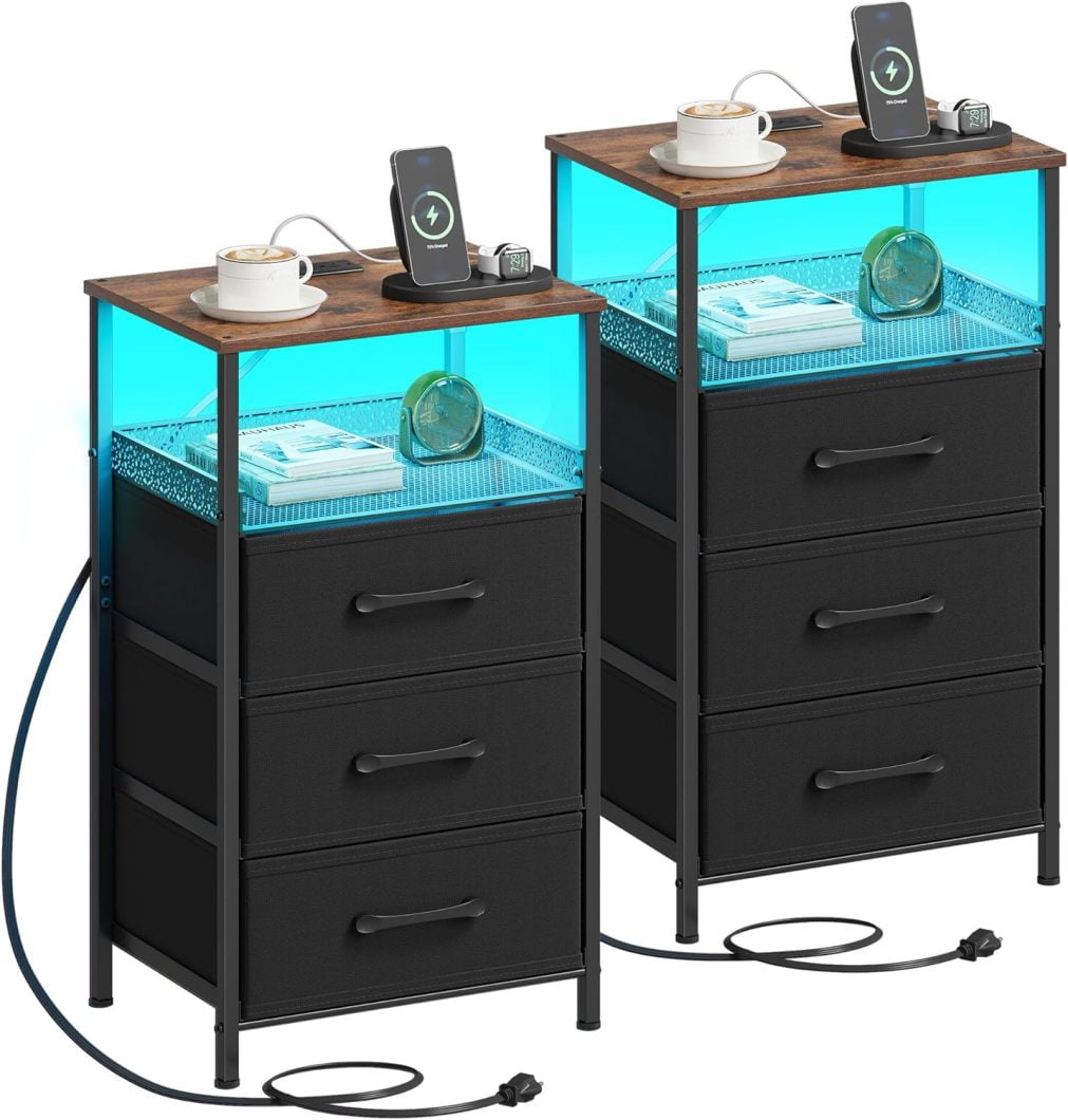 End Table with Charging Station and LED Light, Side Table with USB ...
