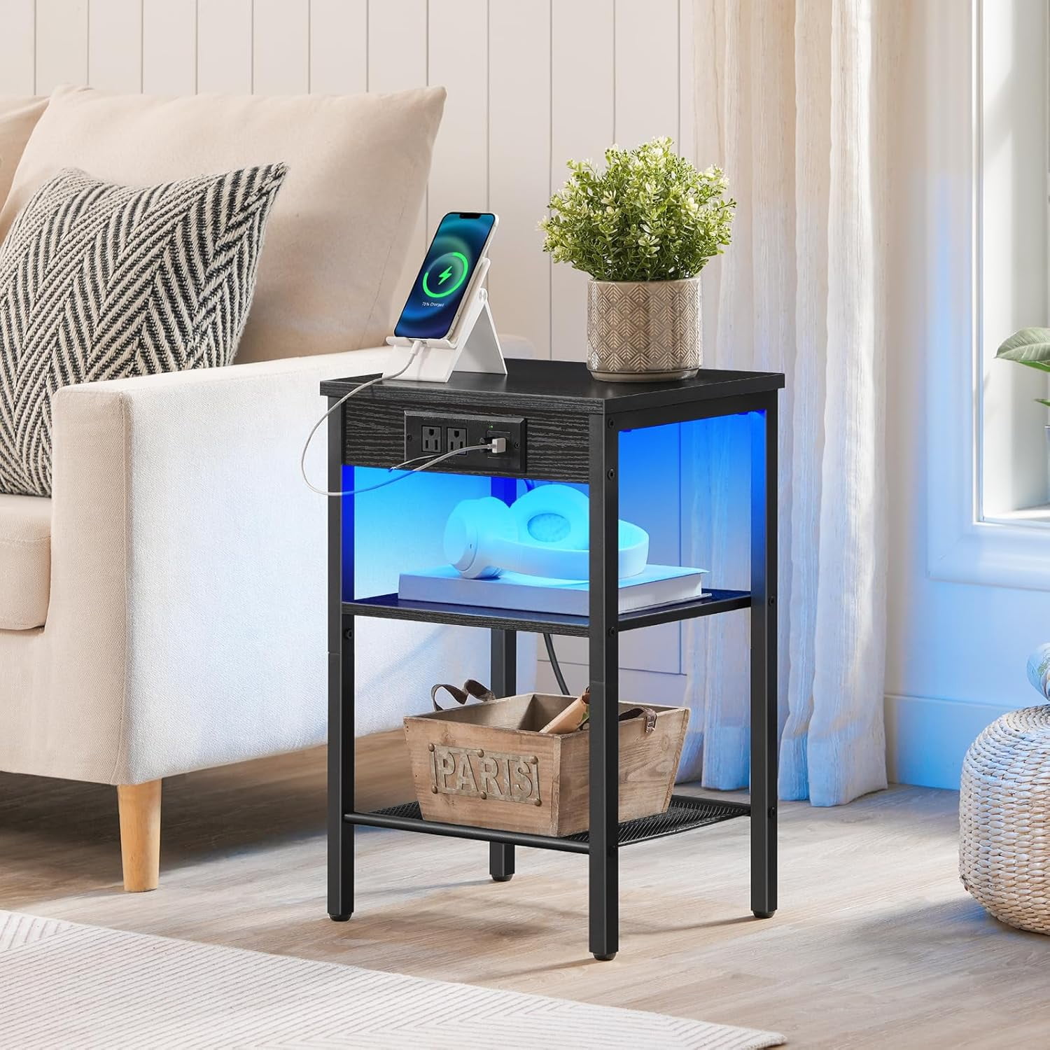 End Table with Charging Station and LED Lights, Small Side Table with ...
