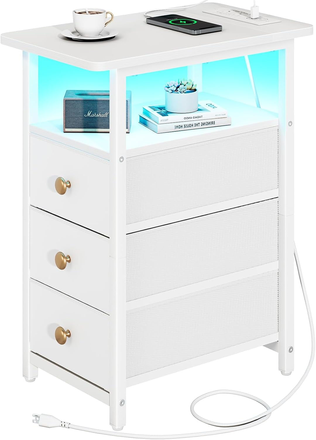 End Table with Charging Station, LED Narrow Side Table Bedside Table ...