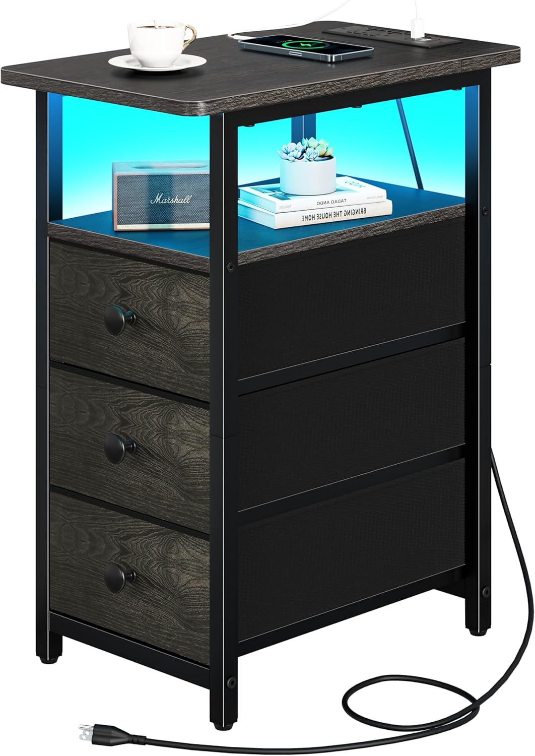 End Table with Charging Station, LED Narrow Side Table Bedside Table ...