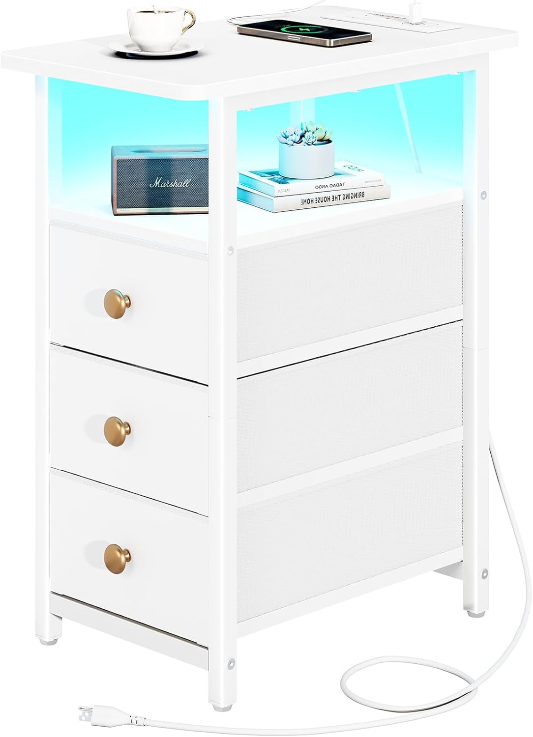 End Table with Charging Station, LED Narrow Side Table Bedside Table ...