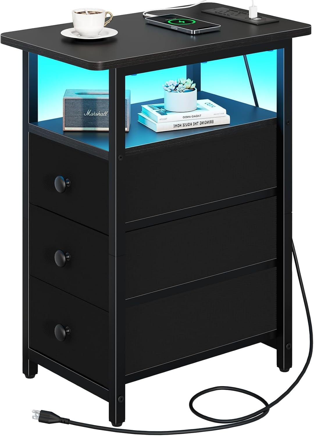End Table with Charging Station, LED Narrow Side Table Bedside Table ...