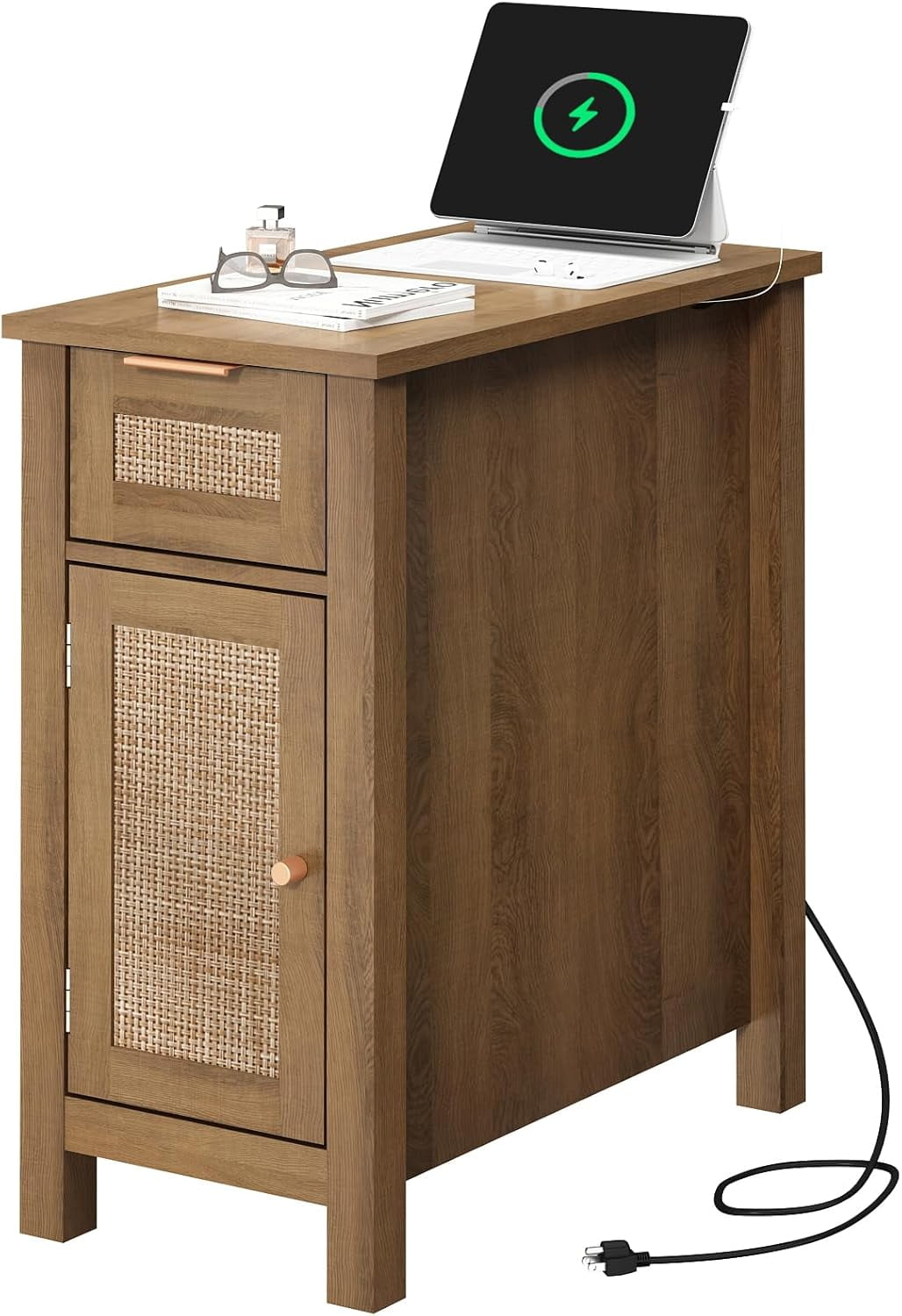 End Table with Charging Station - Midcentury Rattan Side Table with USB ...
