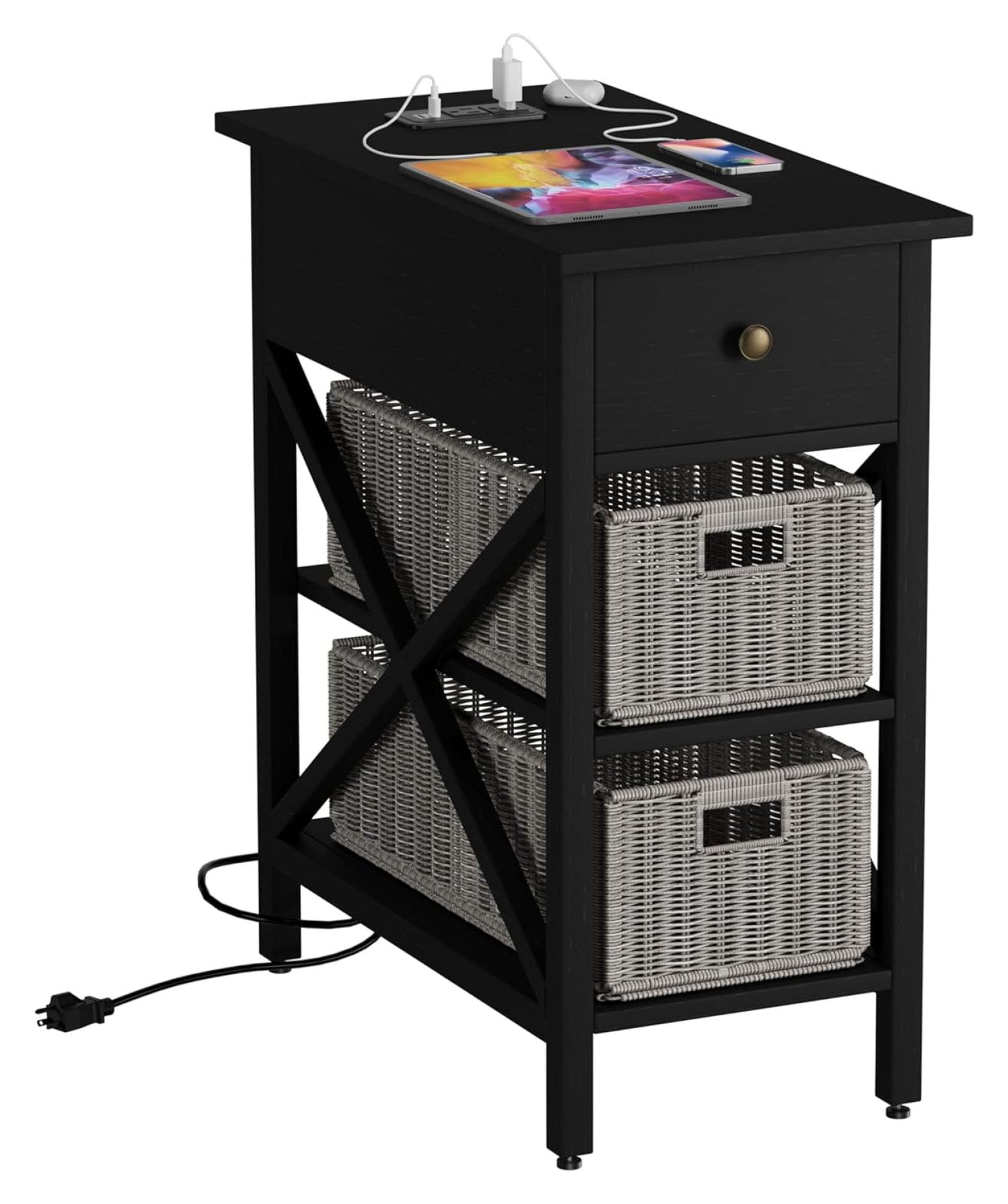 End Table with Charging Station, Modern Black Nightstand with 3 Drawers ...