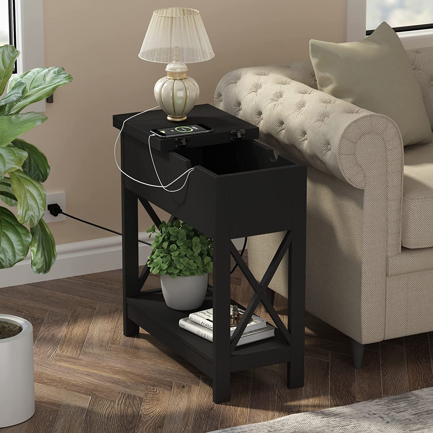 End Table with Charging Station, Narrow Flip Top Side USB Ports & Power ...