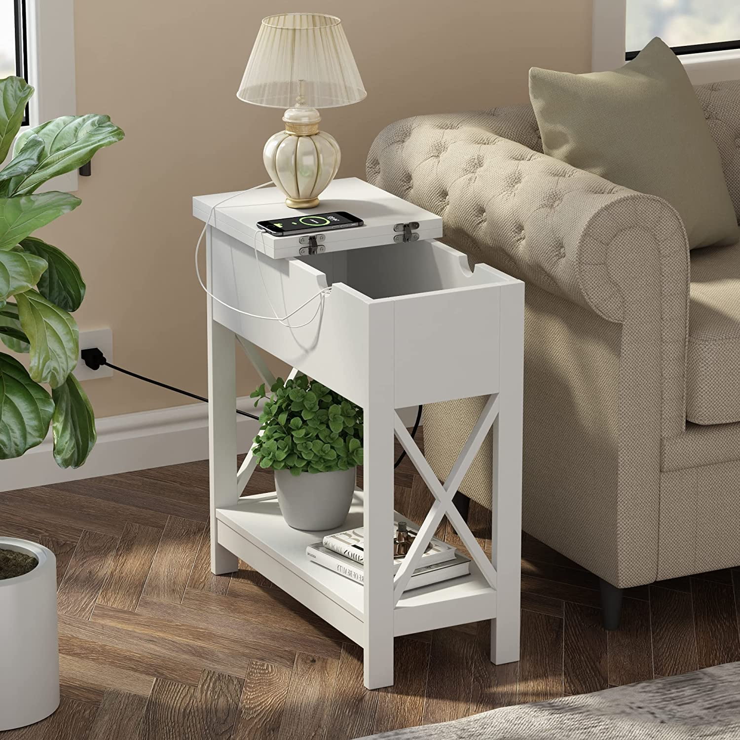 End Table with Charging Station, Narrow Flip Top Side USB Ports & Power ...