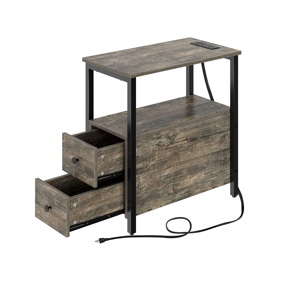 End Table with Charging Station, Narrow Side Table with 2 Wooden ...