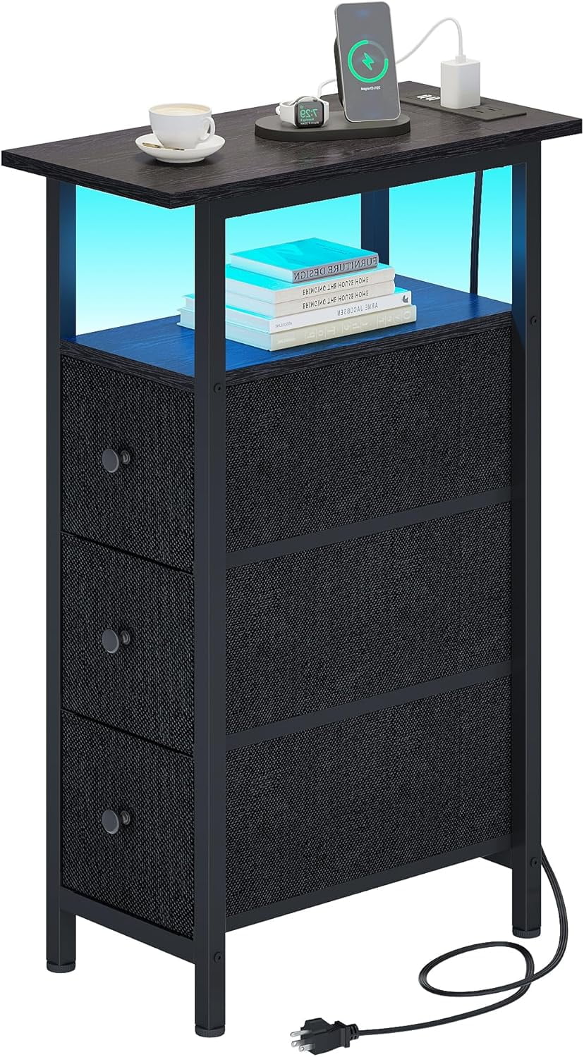 End Table with Charging Station, Narrow Side Table with 3 Fabric ...