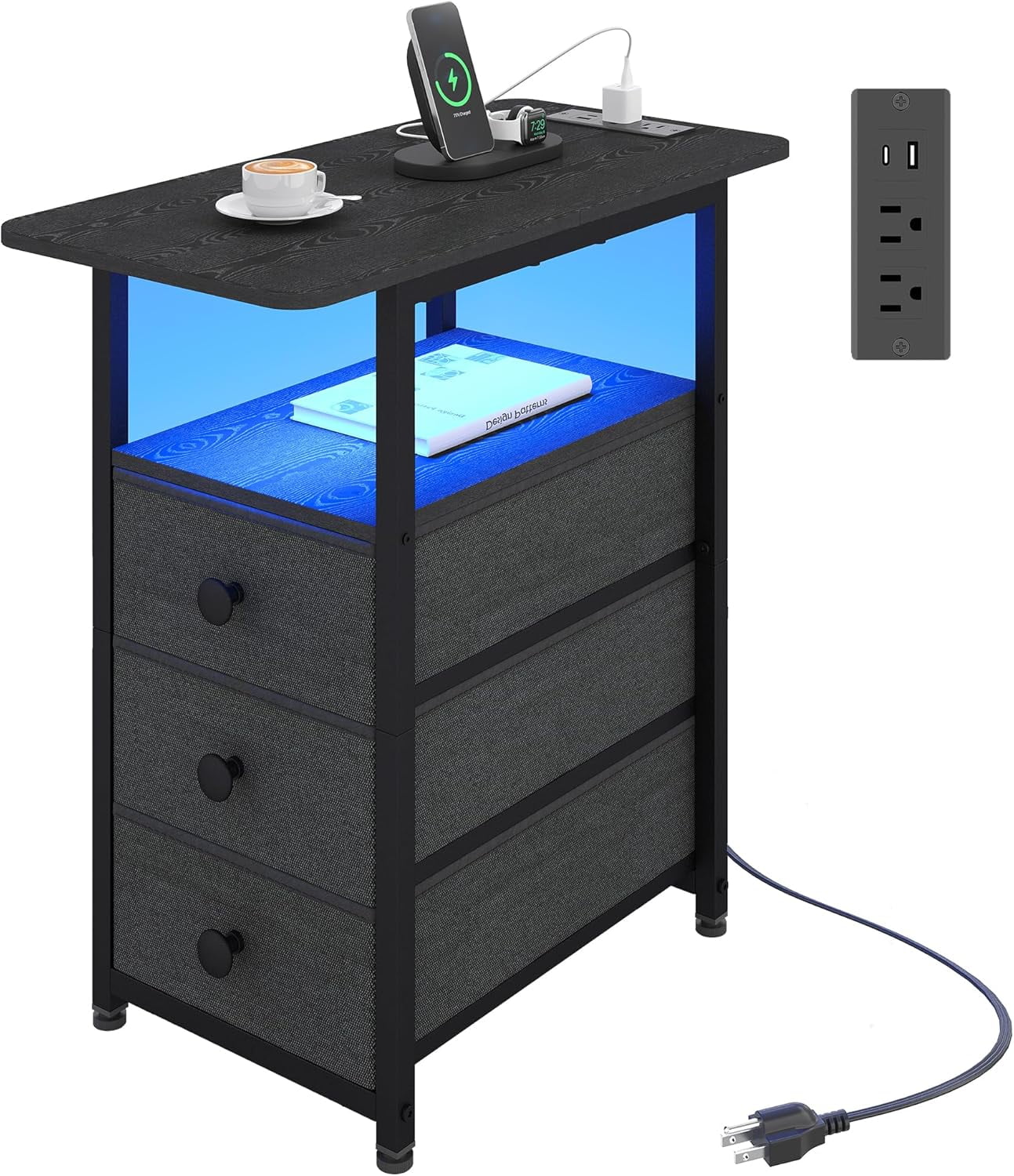 End Table with Charging Station, Narrow Side Table with 3 Fabric ...