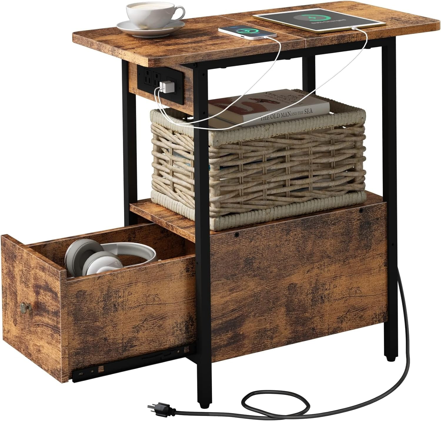 End Table with Charging Station, Narrow Side Table with Drawer and USB ...