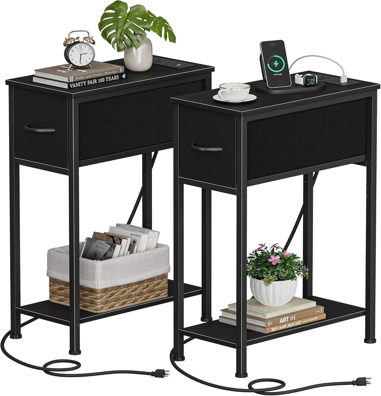 End Table with Charging Station, Narrow Side Table with Outlets, Skinny ...
