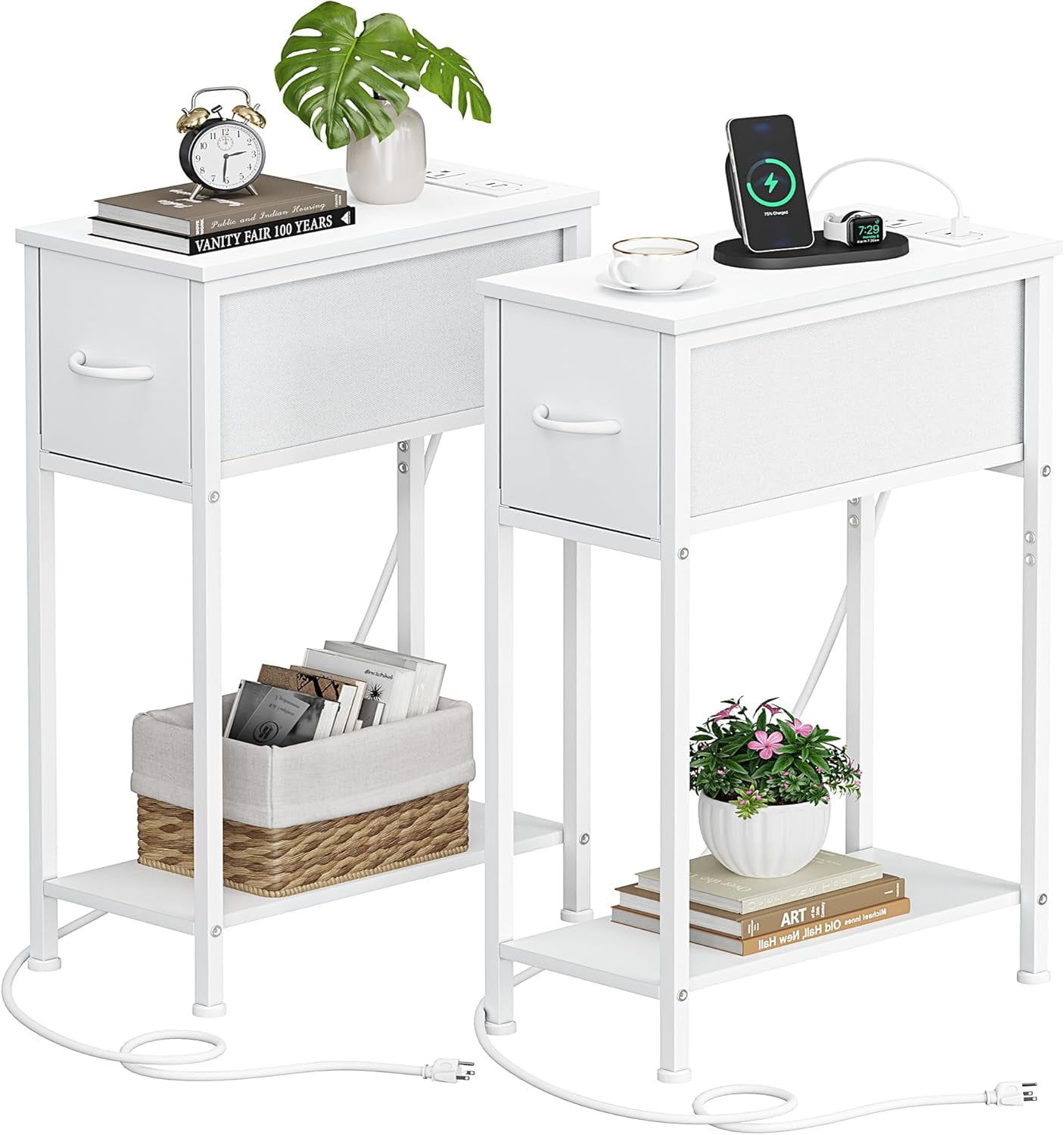 End Table with Charging Station, Narrow Side Table with Outlets, Skinny ...