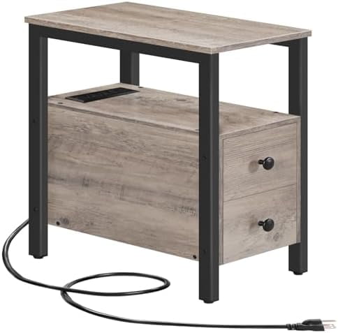 End Table with Charging Station, Narrow Side Table with 2 Drawer & USB ...