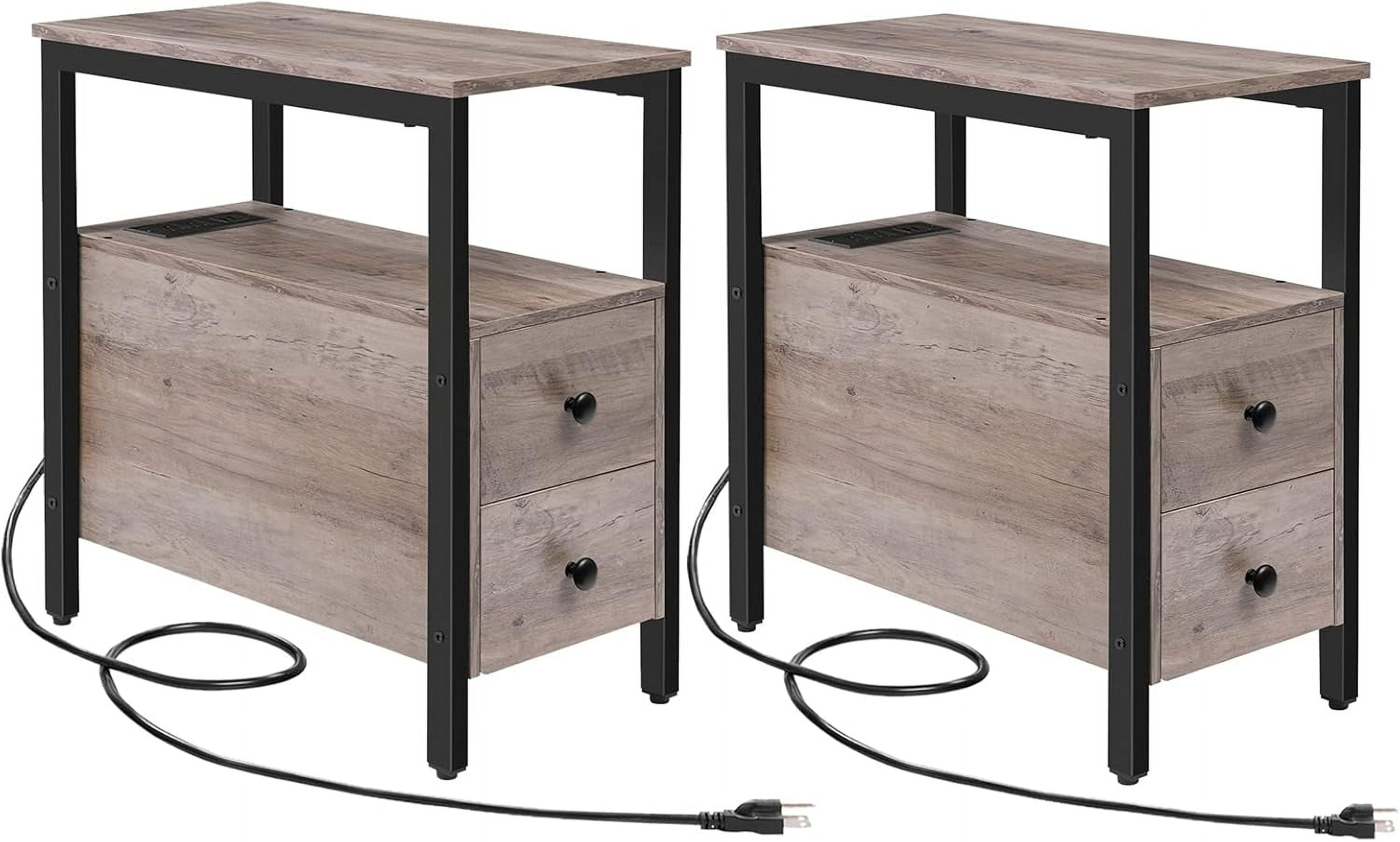 End Table with Charging Station, Narrow Side Table with 2 Drawer & USB ...