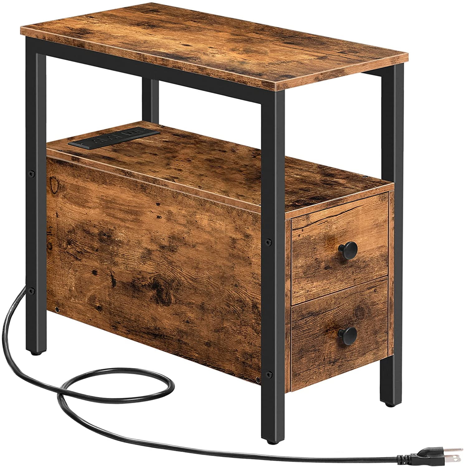 End Table with Charging Station, Narrow Side Table with 2 Drawer & USB ...