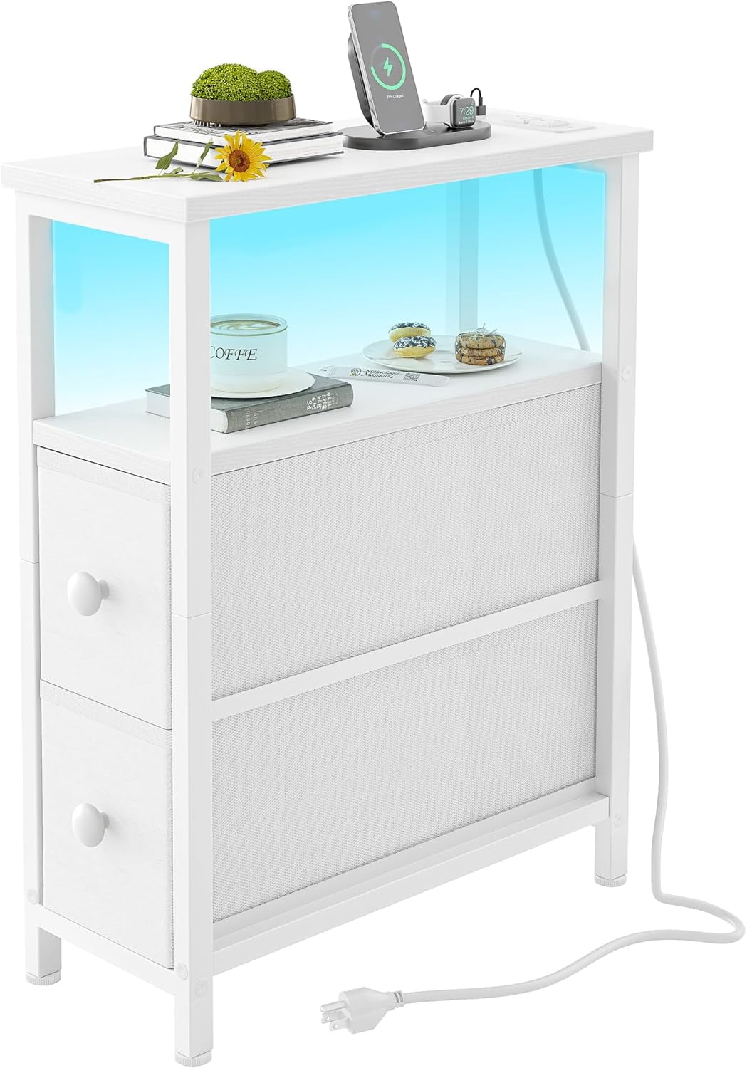 End Table with Charging Station, Narrow Side Table with 2 Fabric ...