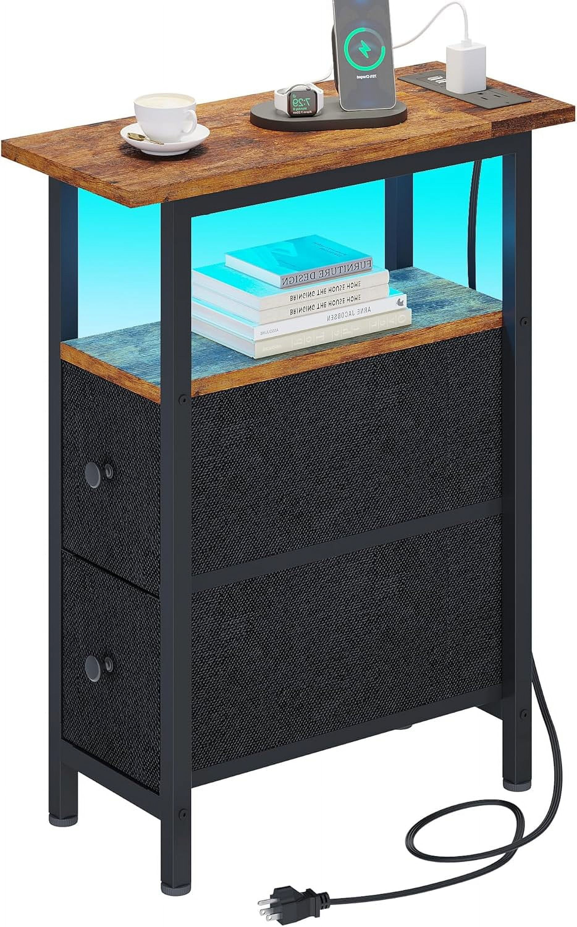 End Table with Charging Station, Narrow Side Table with 2 Fabric ...