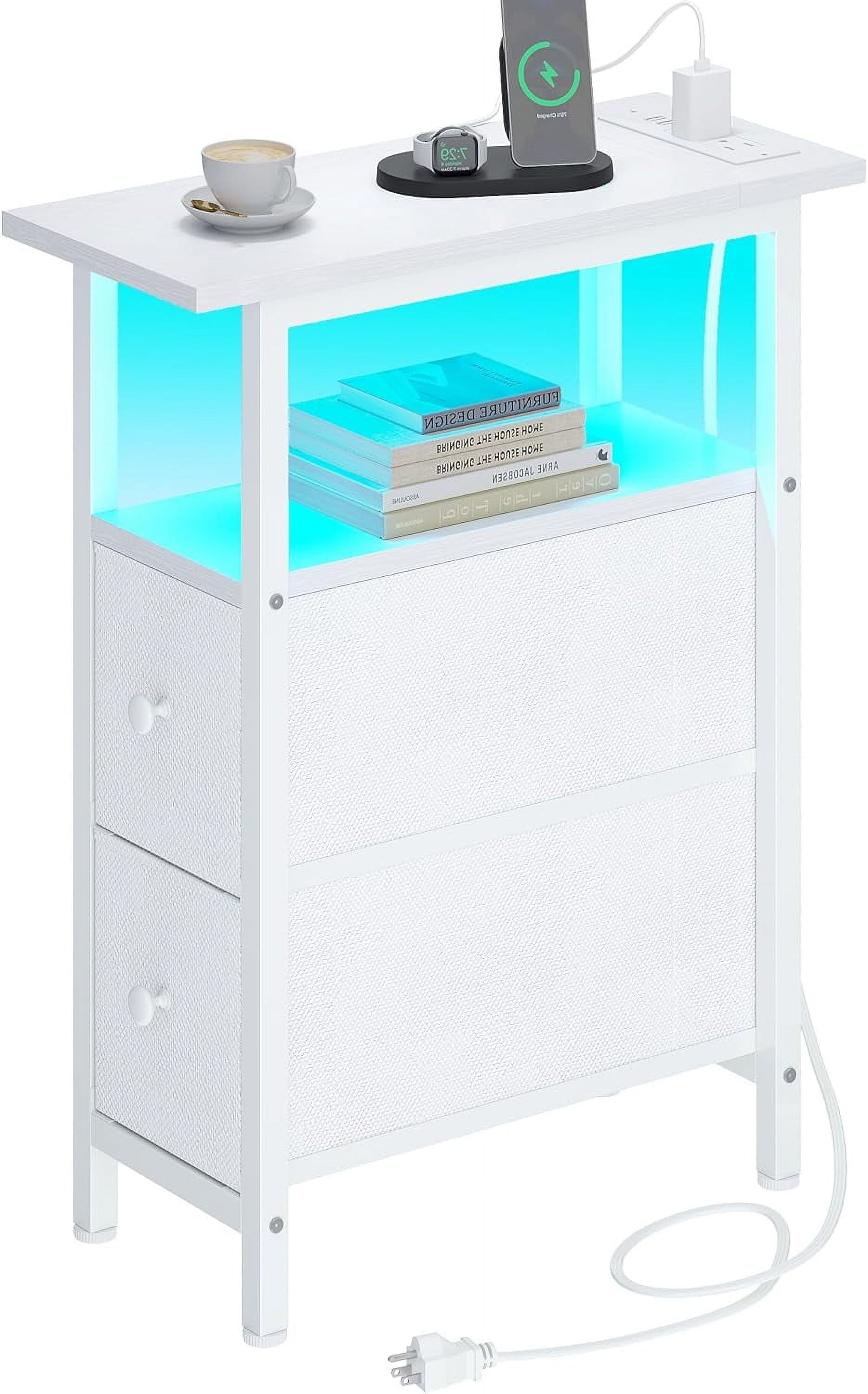 End Table with Charging Station, Narrow Side Table with 2 Fabric ...