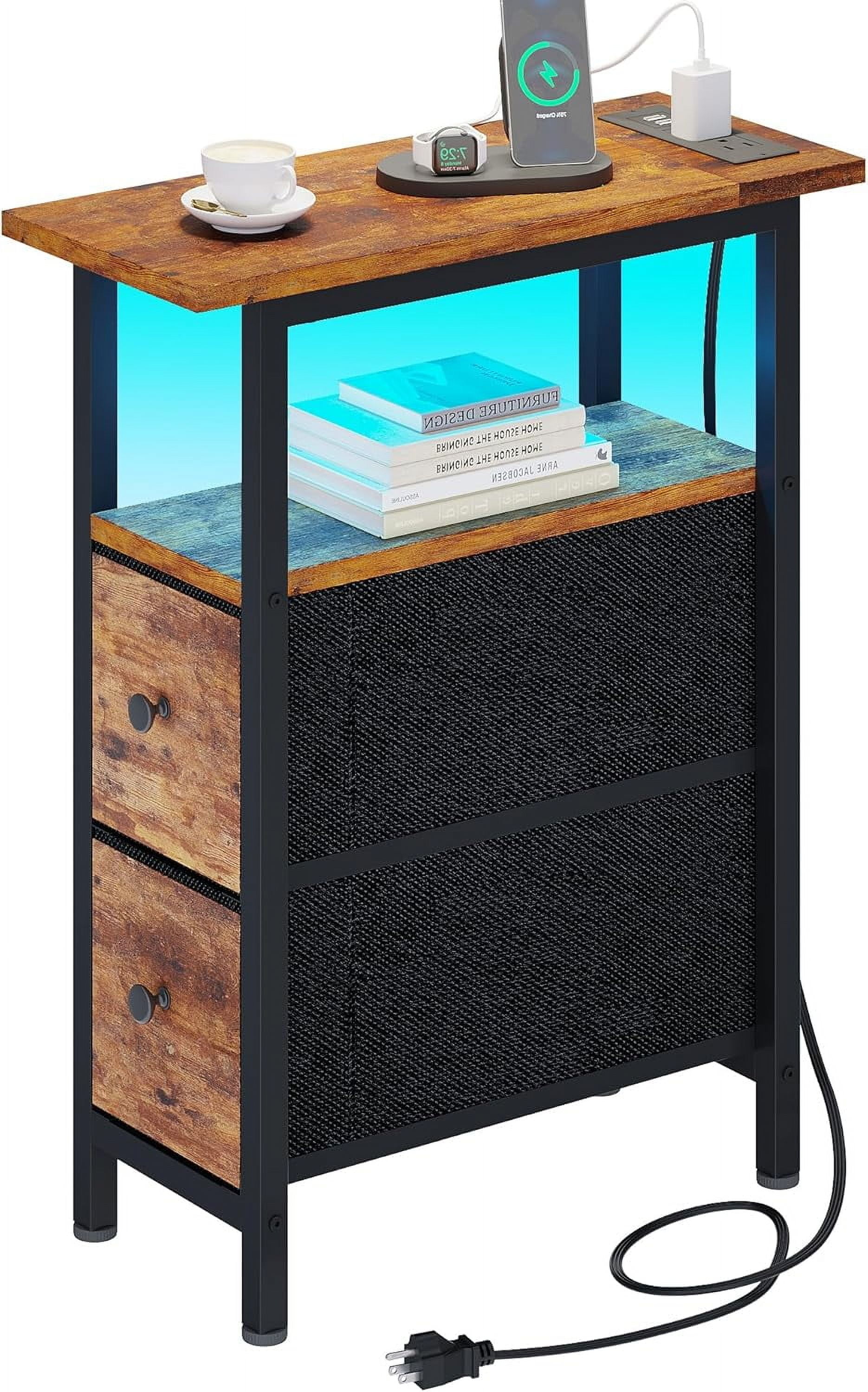 End Table with Charging Station, Narrow Side Table with 2 Fabric ...