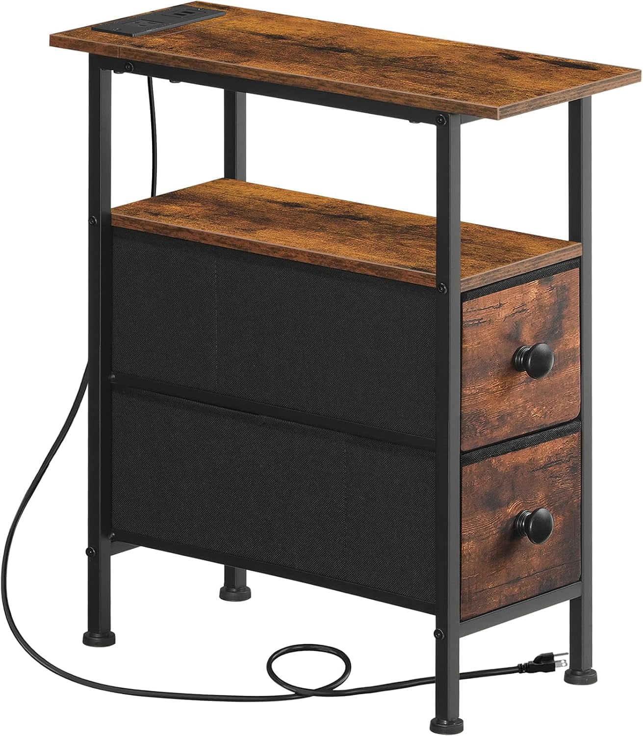 End Table with Charging Station, Narrow Side Table with 2 Fabric Drawers, Skinny Nightstand with ...