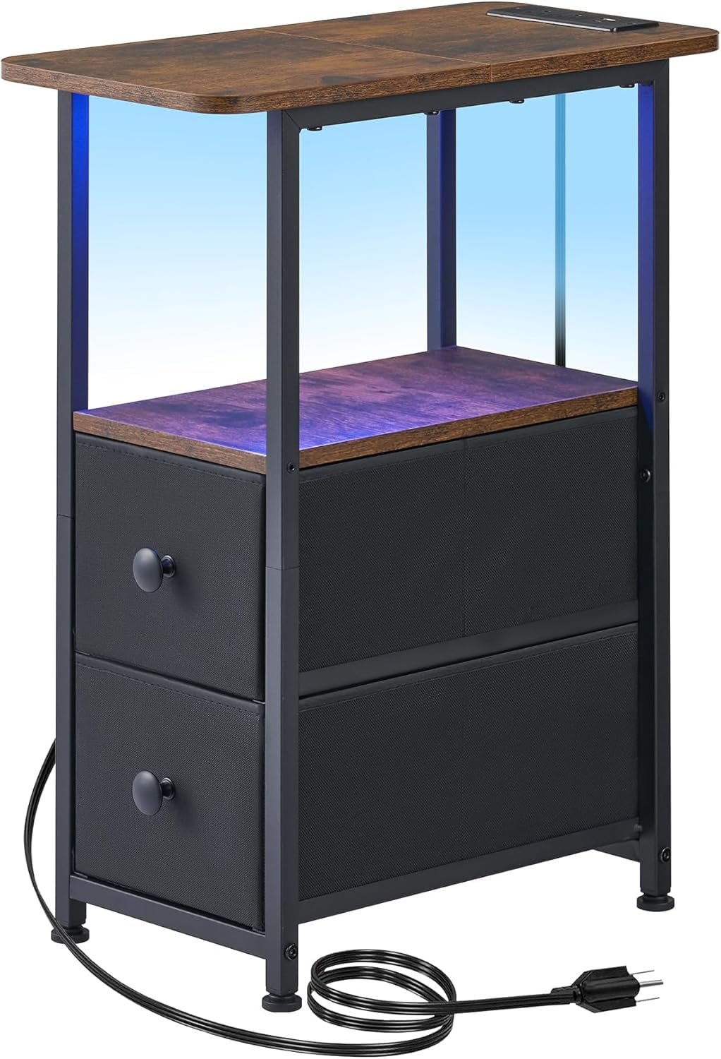 End Table with Charging Station, Narrow Side Table with 2 Fabric ...