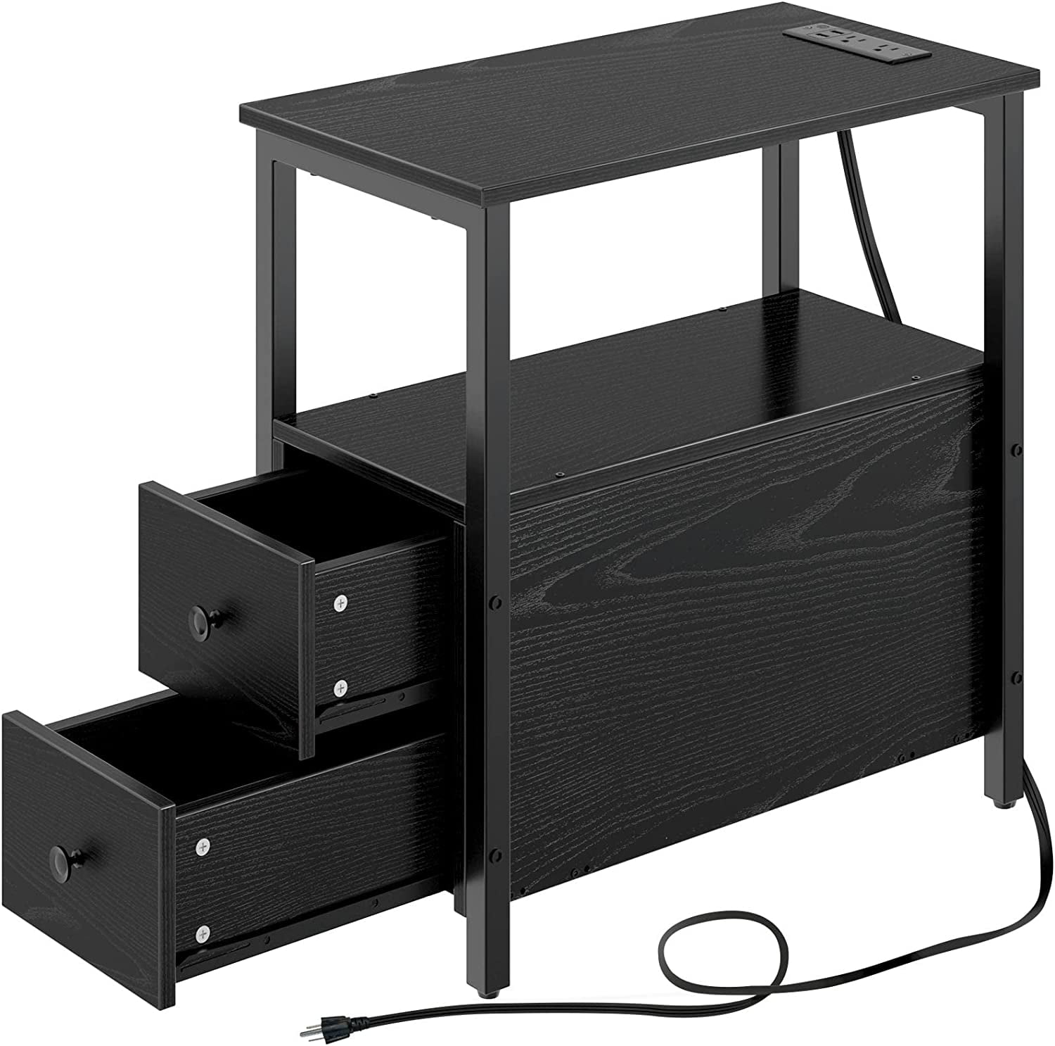 End Table with Charging Station, Narrow Side Table with 2 Wooden ...