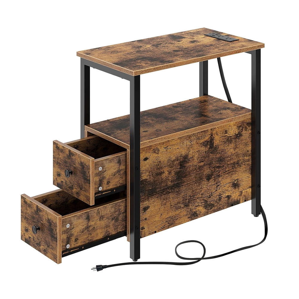 End Table with Charging Station, Narrow Side Table with 2 Wooden ...