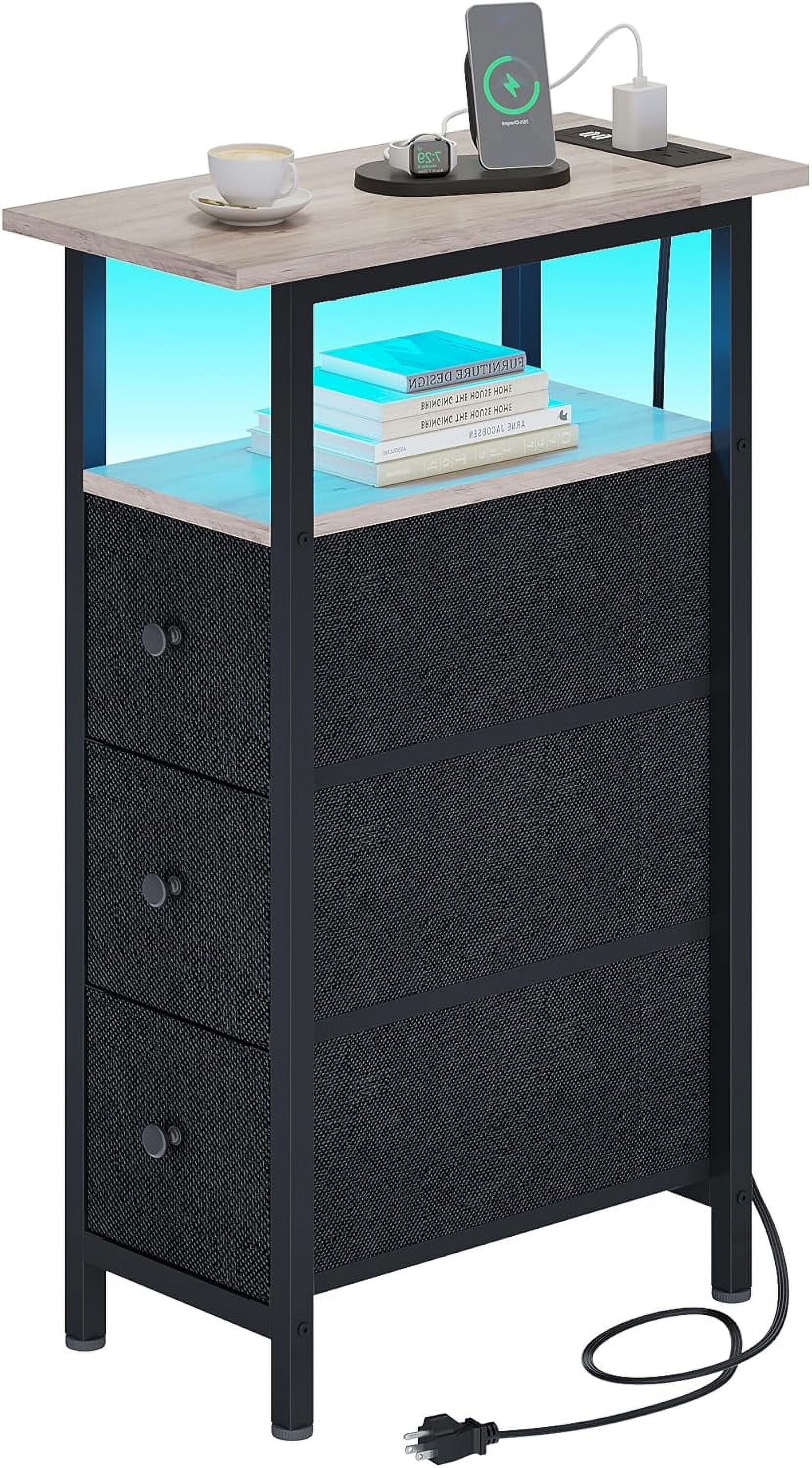 End Table with Charging Station, Narrow Side Table with 3 Fabric ...