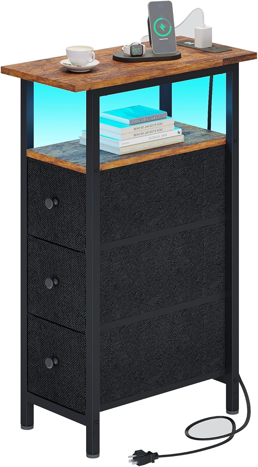 End Table with Charging Station, Narrow Side Table with 3 Fabric ...