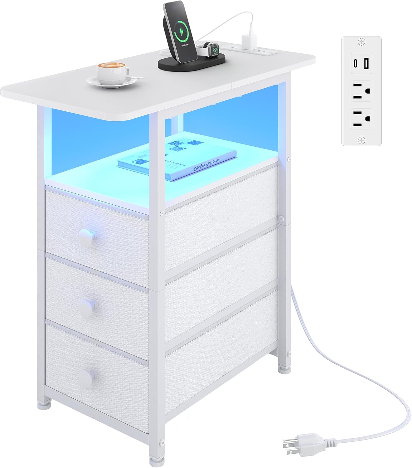 End Table with Charging Station, Narrow Side Table with 3 Fabric ...