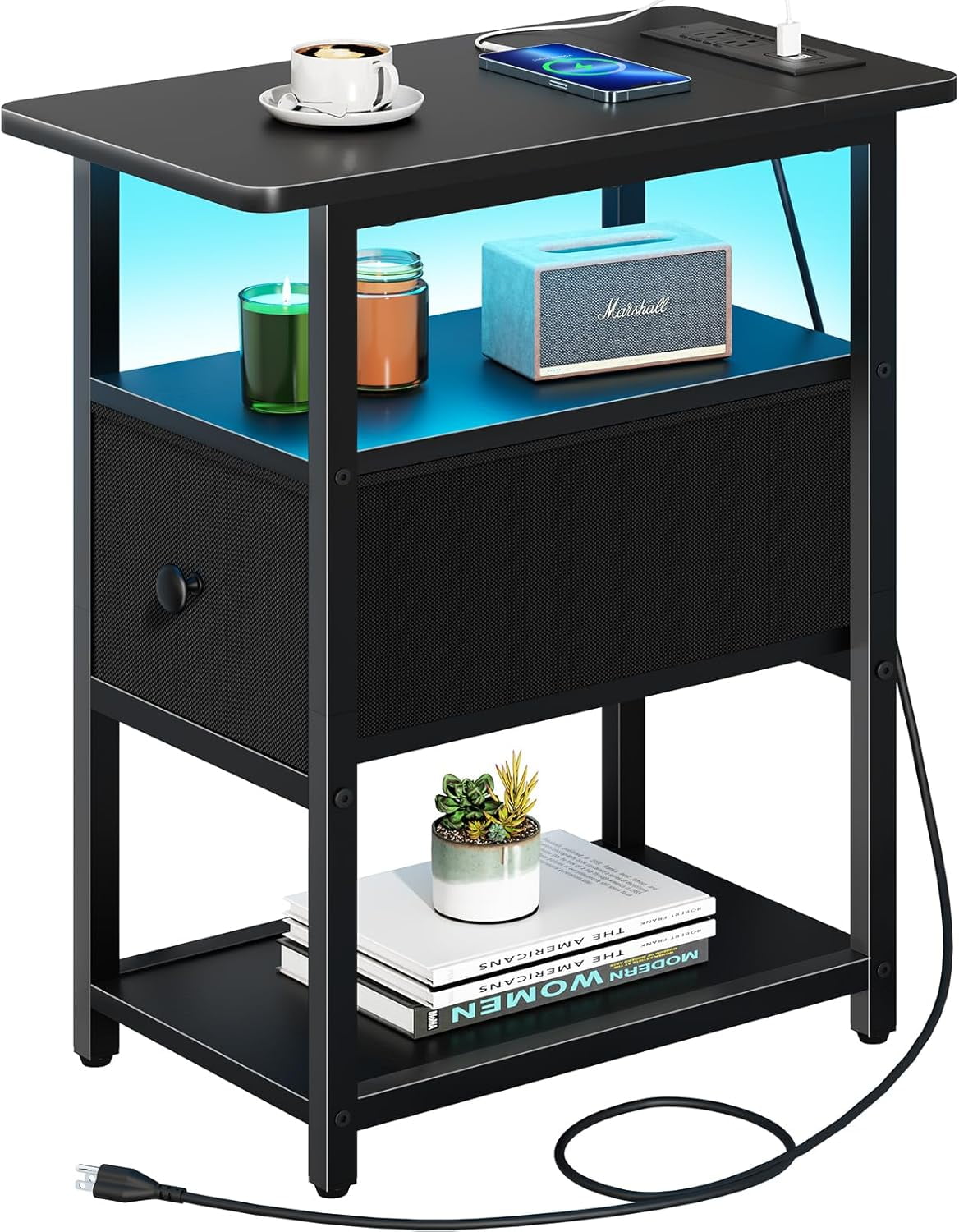 End Table with Charging Station, Narrow Side Table with Adjustable ...