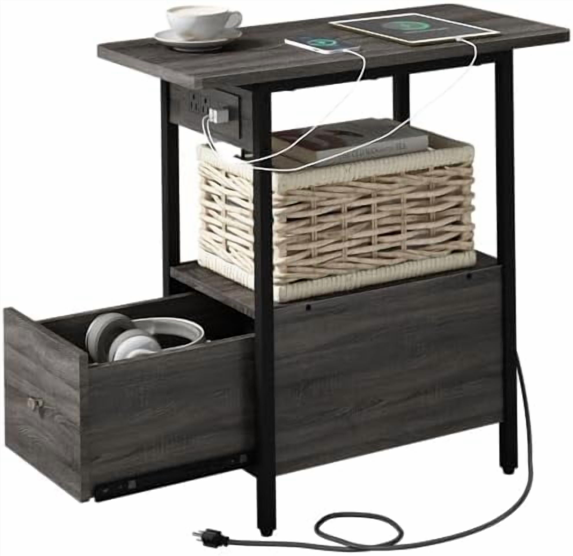 End Table with Charging Station, Narrow Side Table with Drawer and USB ...