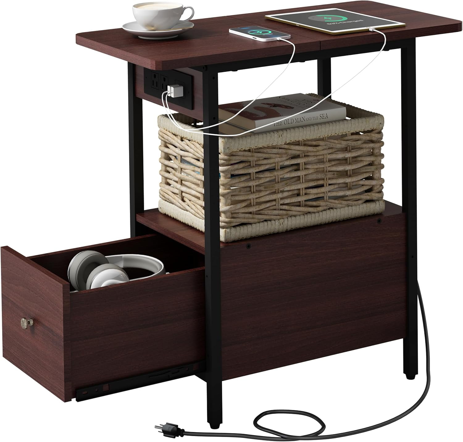 End Table with Charging Station, Narrow Side Table with Drawer and USB ...