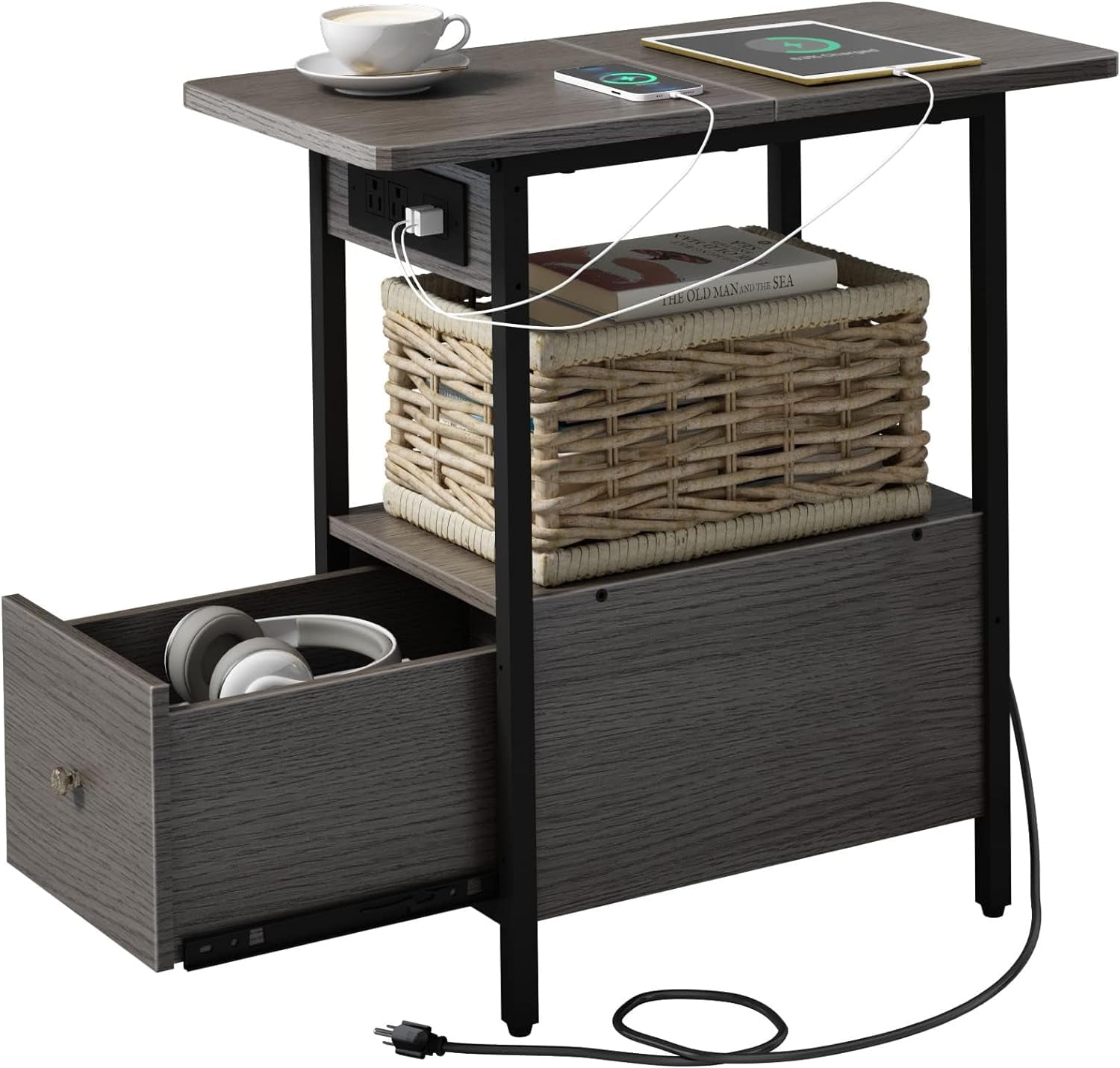 End Table with Charging Station, Narrow Side Table with Drawer and USB ...