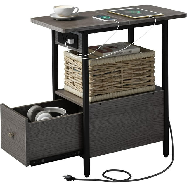 End Table with Charging Station, Narrow Side Table with Drawer and USB ...